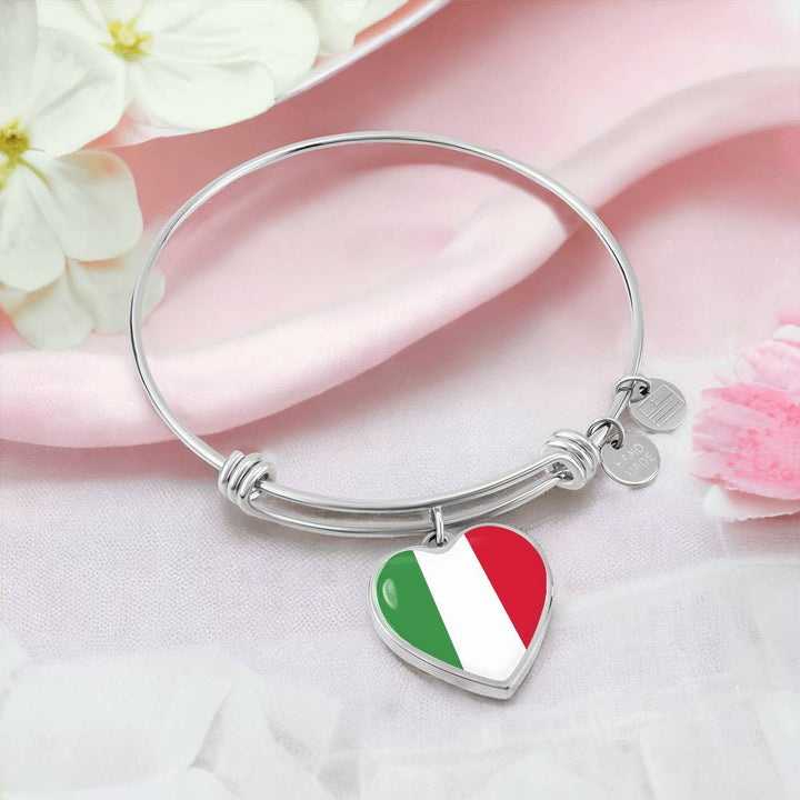Italian Flag with Heart Charm Bangle in Stainless Steel & Gold option ...